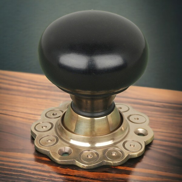 Solid Ebony Bun Door Knobs Brass Backplate